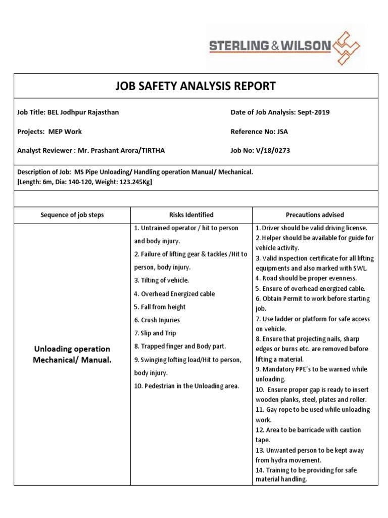 JSA of Pipe Unloading. | PDF