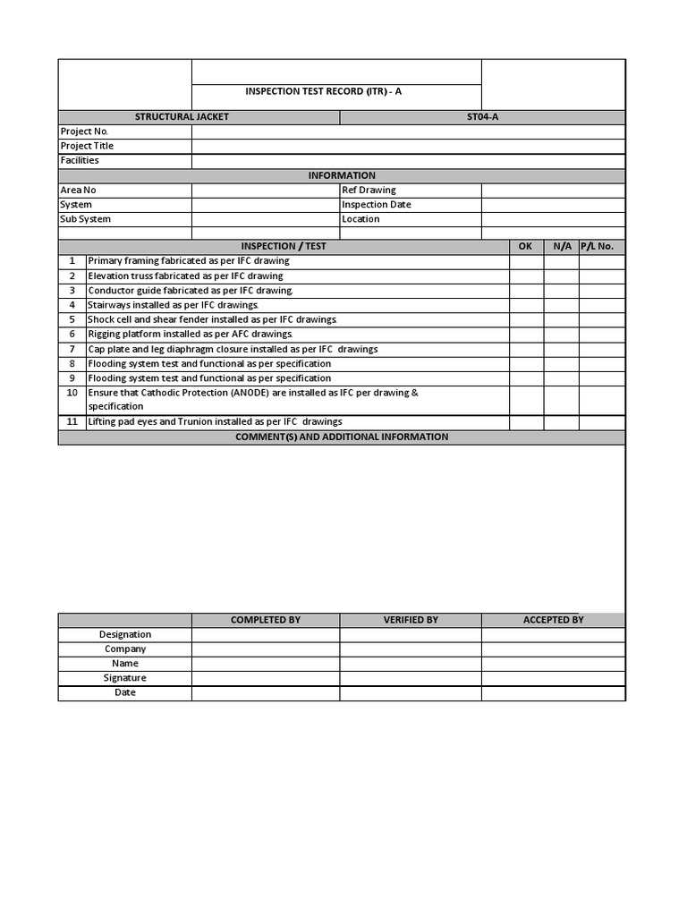 Inspection Test Record (Itr) - A Structural Jacket ST04-A | PDF