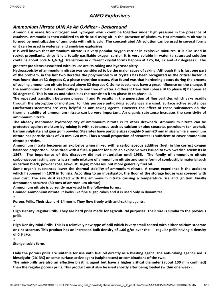 ANFO Explosives: Ammonium Nitrate (AN) As An Oxidizer - Background ...