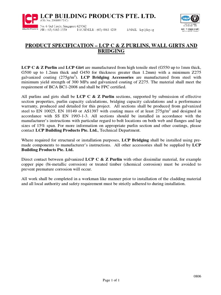 LCP Purlins Girts Specification | PDF