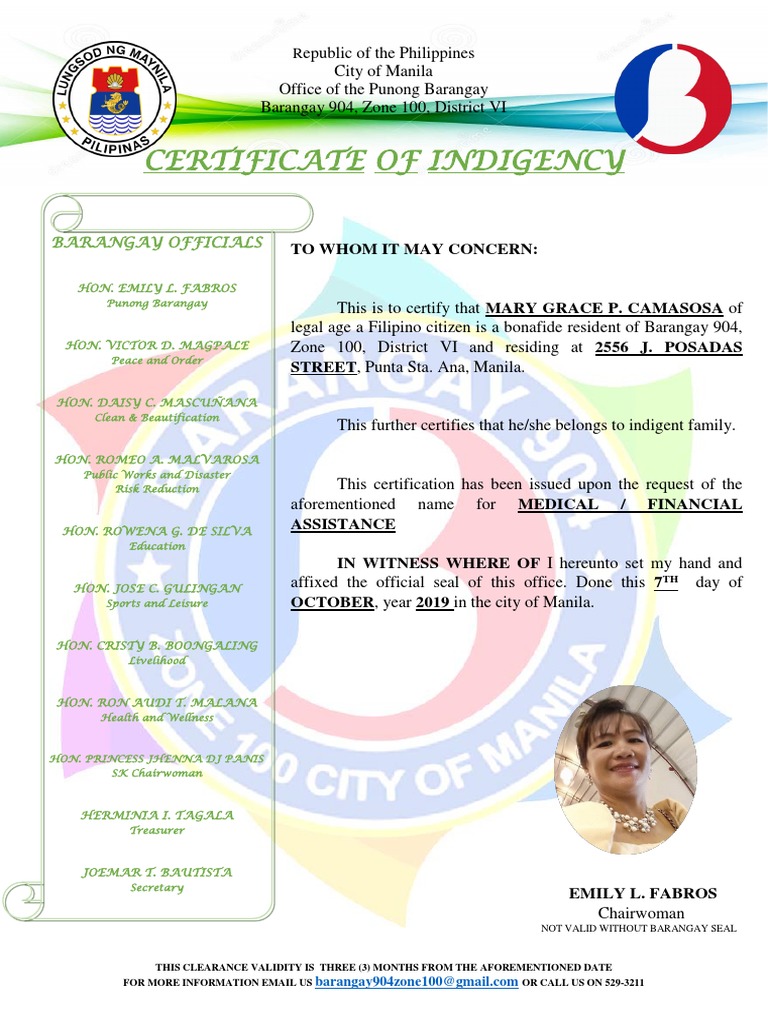 Certificate of Indigency: To Whom It May Concern | PDF