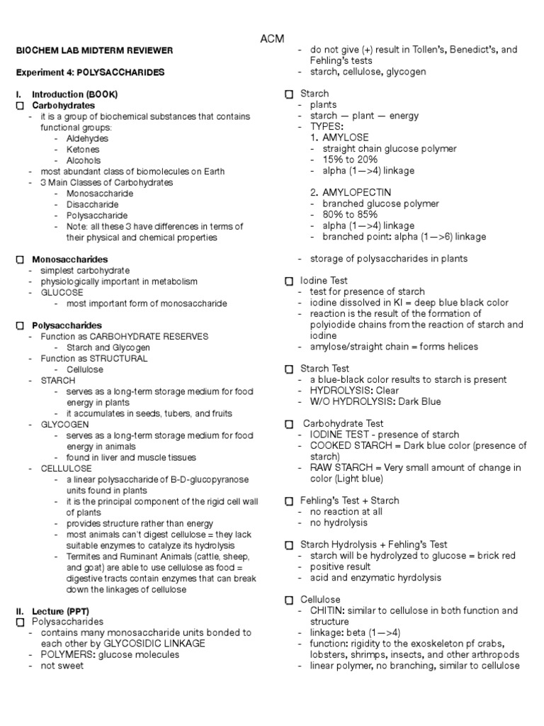 Biochem Lab Midterm Reviewer | PDF | Polysaccharide | Starch