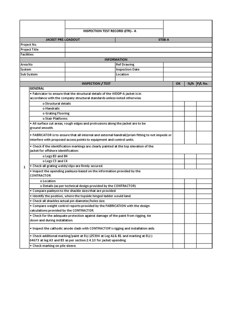 Inspection Test Record (Itr) - A Jacket Pre-Loadout ST08-A | PDF