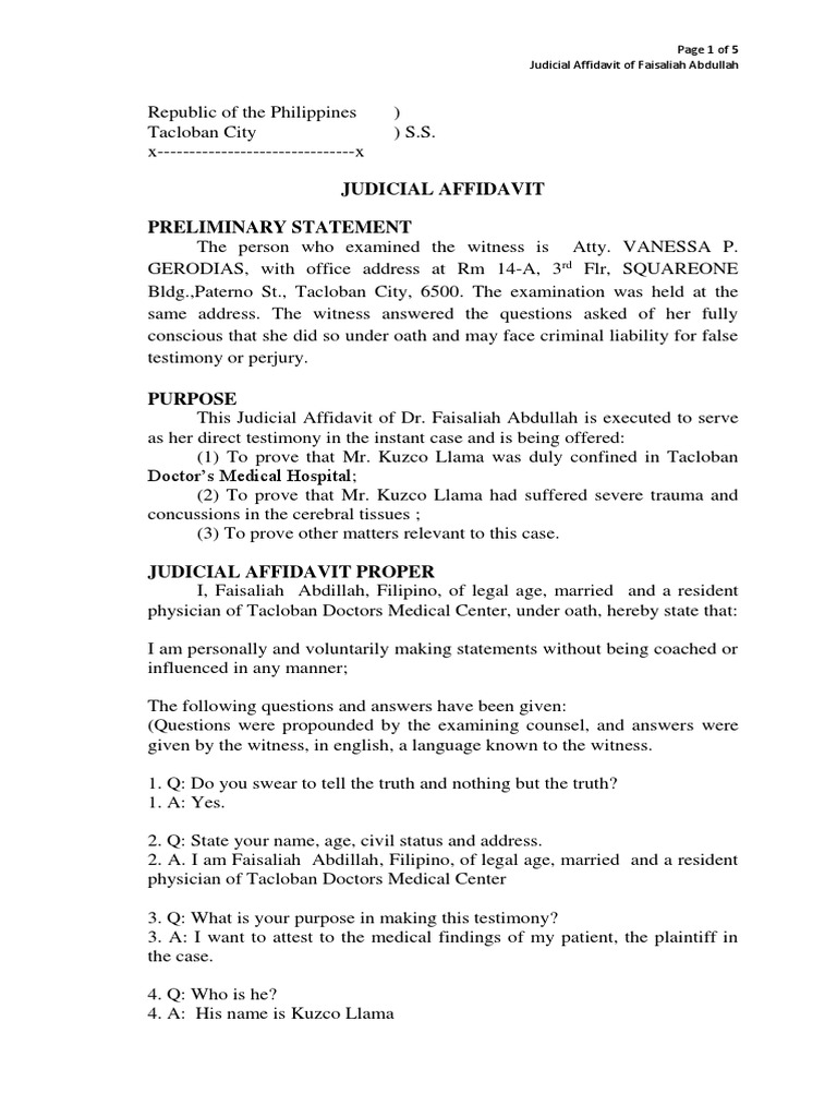 Judicial Affidavit Preliminary Statement | PDF | Medicine | Clinical Medicine