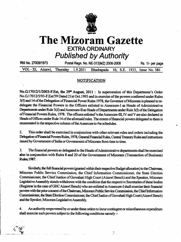 Mizoram Delegation of Financial Powers Rules, 2011 | PDF Mizoram Delegation of Financial Powers Rules, 2011 | PDF