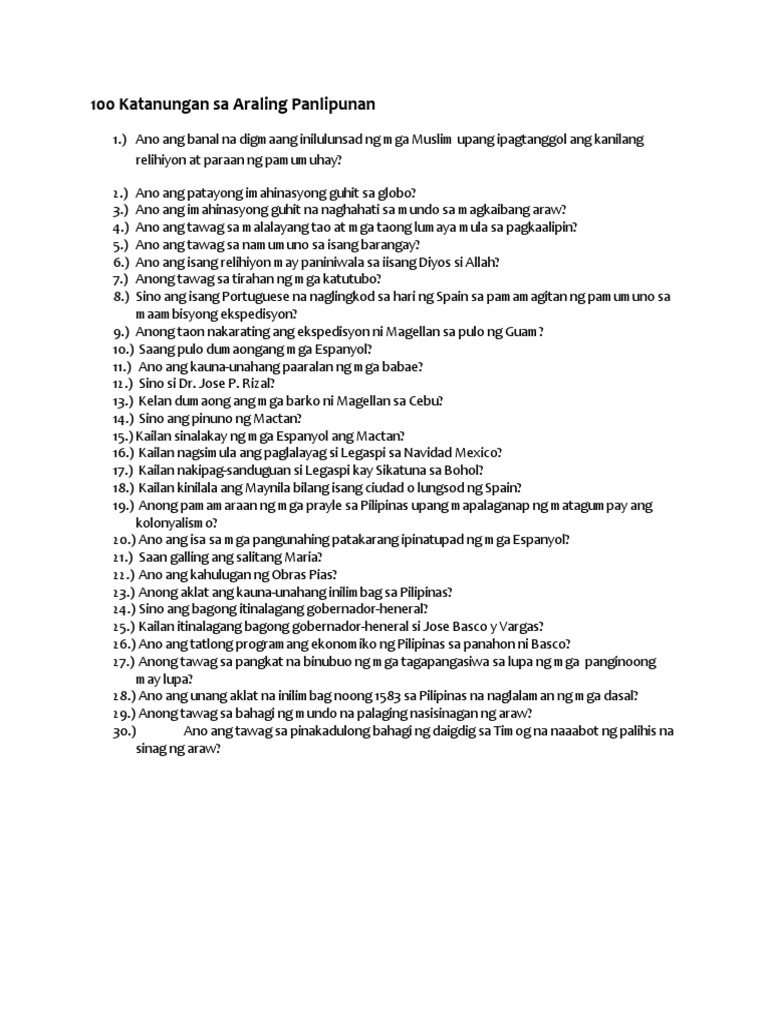 100 Katanungan Sa Araling Panlipunan | PDF