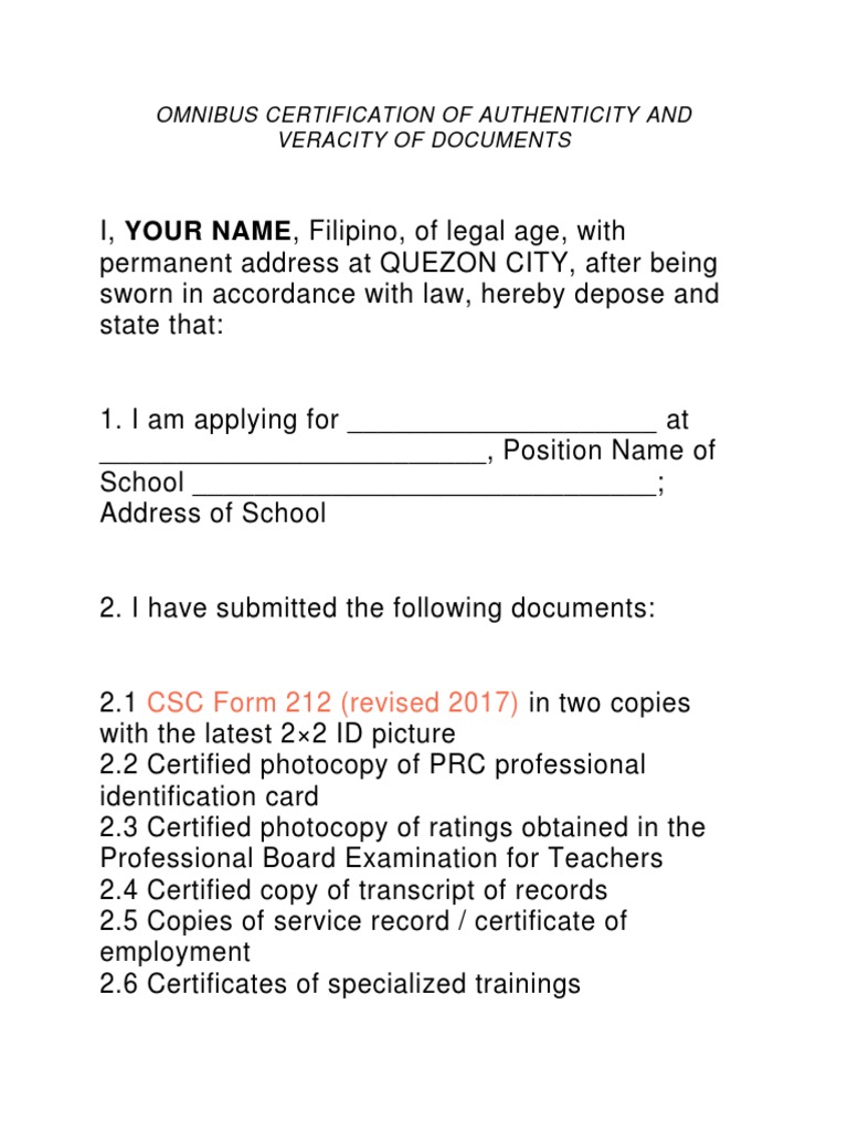 Omnibus Certification of Authenticity and Veracity of Documents | PDF ...