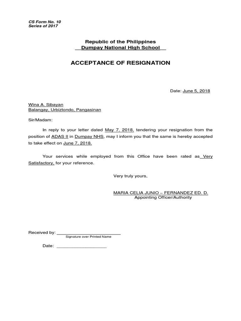 CS Form No. 10 Acceptance of Resignation 1 | PDF