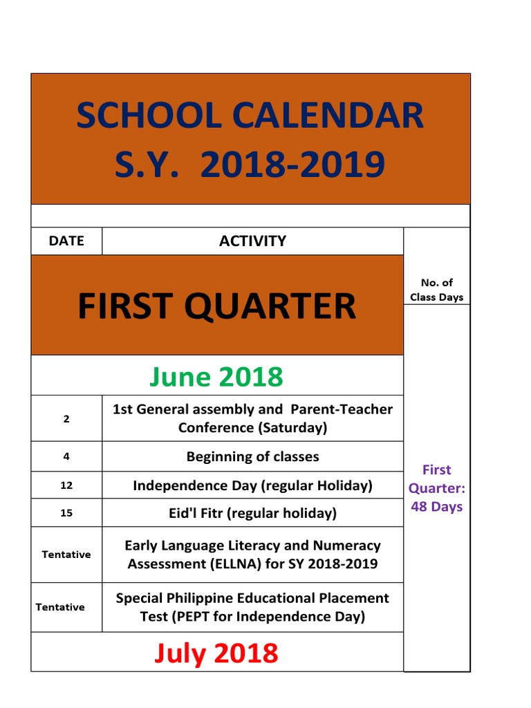 2018-2019 School Calendar for First to Fourth Quarters: Dates of ...