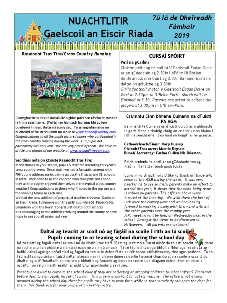 Nuachtlitir Gaelscoil An Eiscir Riada: 7ú Lá de Dheireadh Fómhair 2019 ...