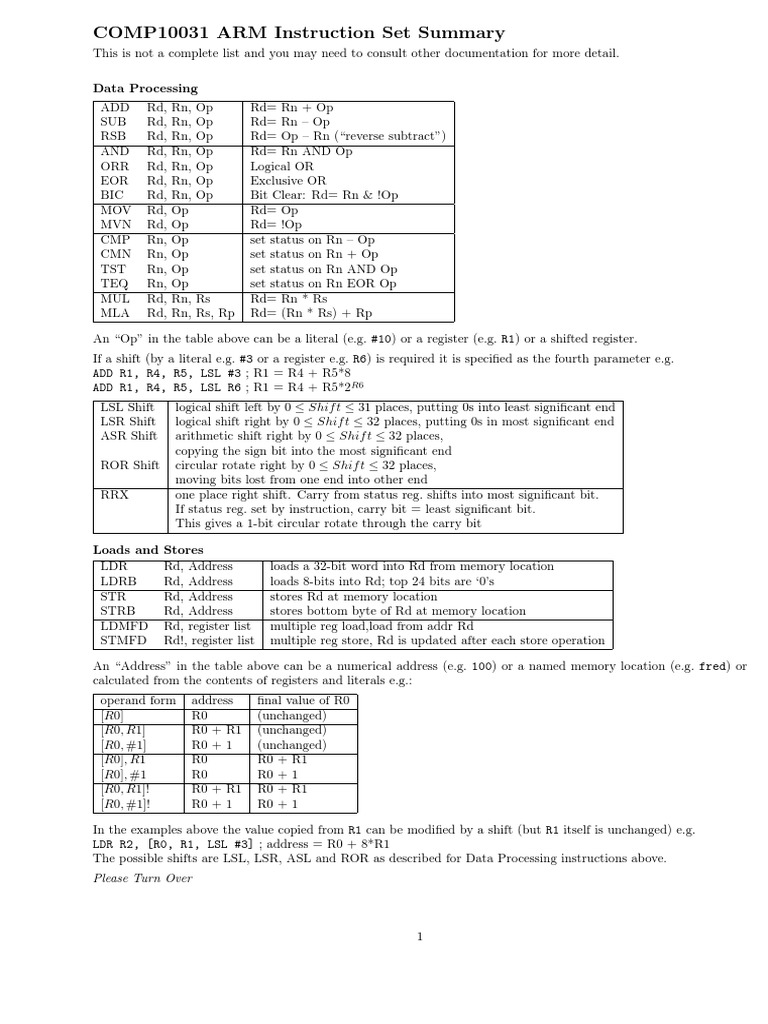 COMP10031 ARM Instruction Set Summary | PDF | Bit | Computer Architecture
