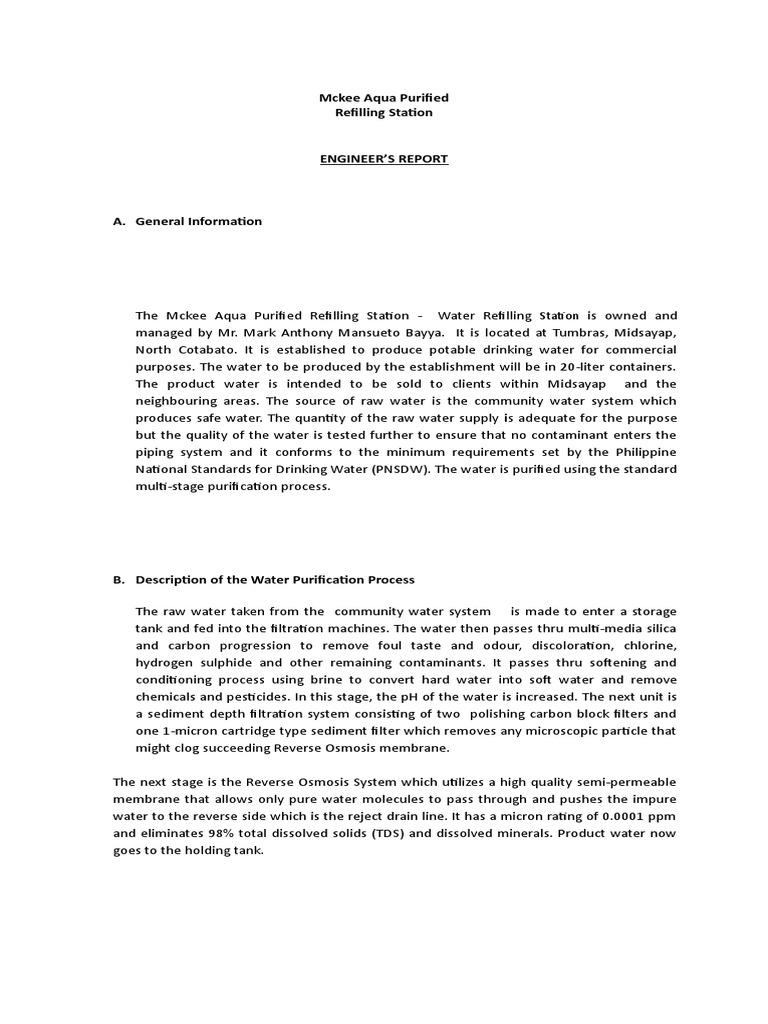 Water Refilling Station Engineer's Report | PDF | Water Purification ...