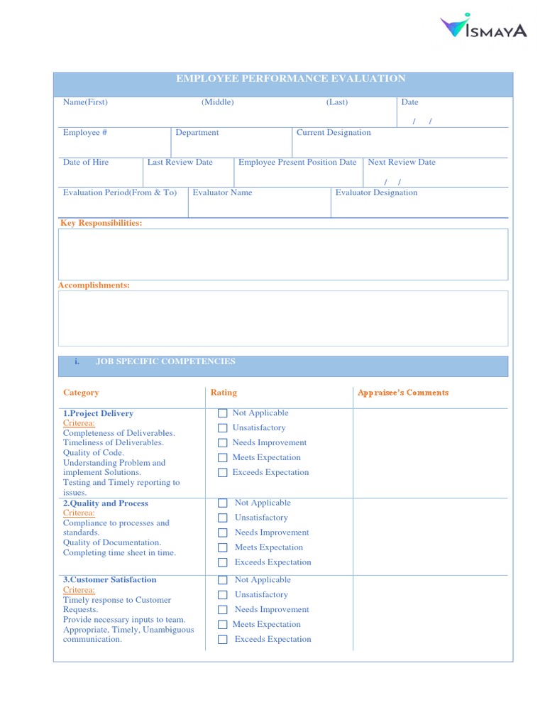 Employee Performance Evaluation: Key Responsibilities | PDF | Goal ...