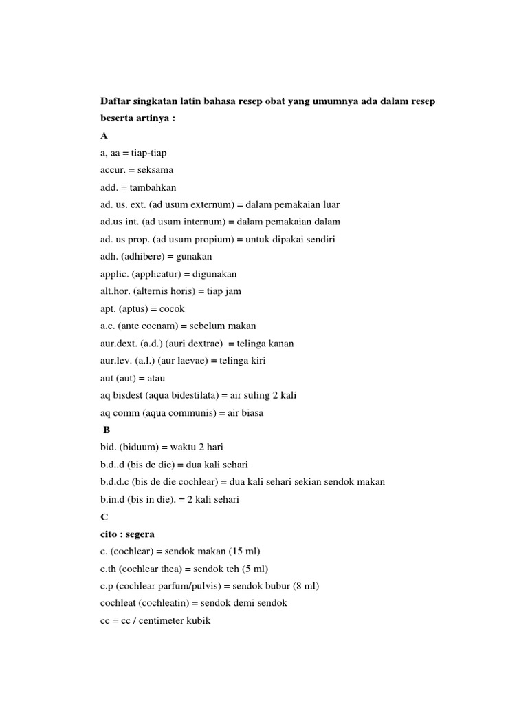 Daftar Singkatan Latin Bahasa Resep Obat | PDF