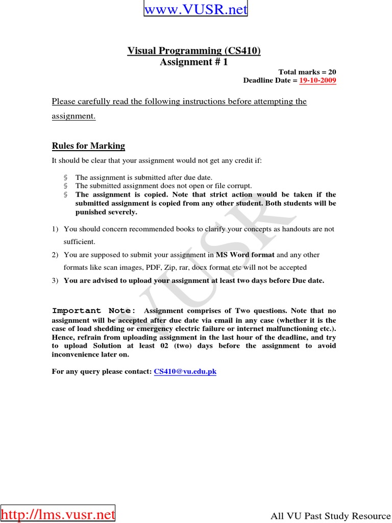Visual Programming Cs410 Fall 2009 Assignment 01 Download Free Pdf Array Data Structure
