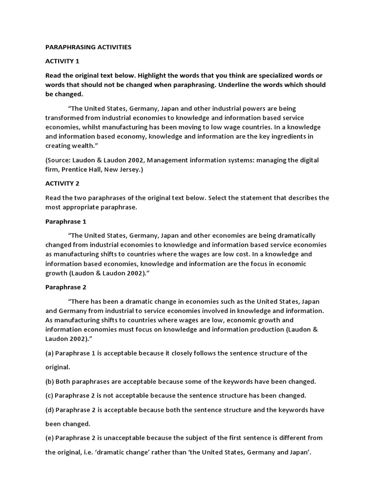 Paraphrasing Activities for Text Analysis | PDF | Economies | Business