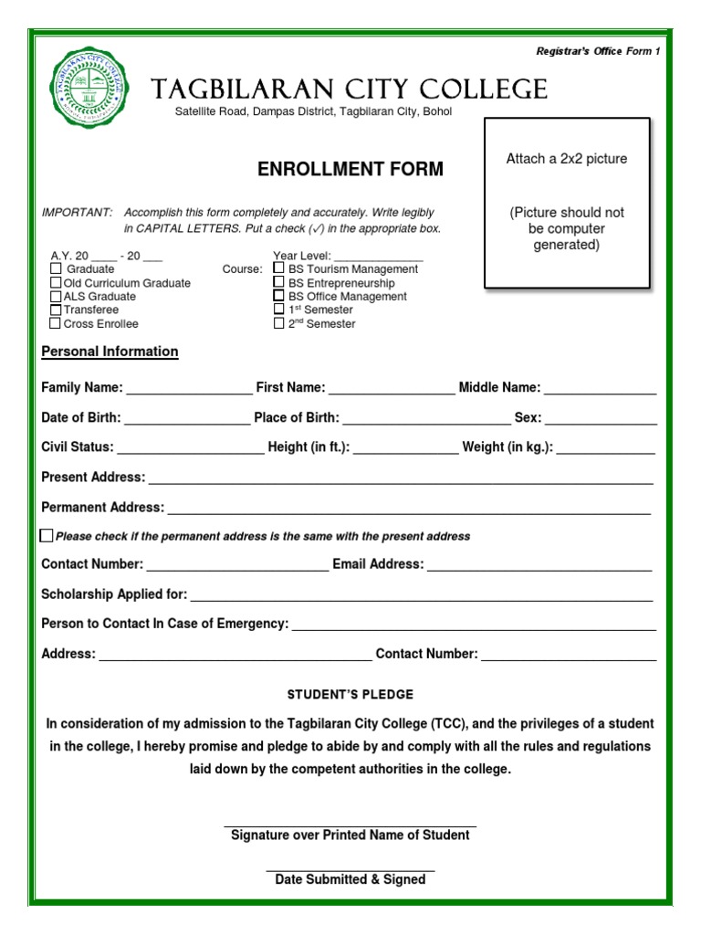 Tagbilaran City College: Enrollment Form | PDF | Learning