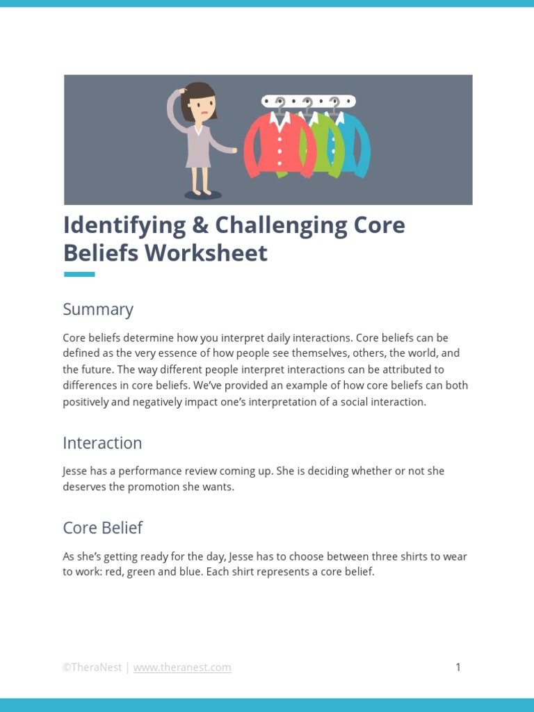 Core Beliefs Worksheet Exploring Values Worksheet | PsychPoint
