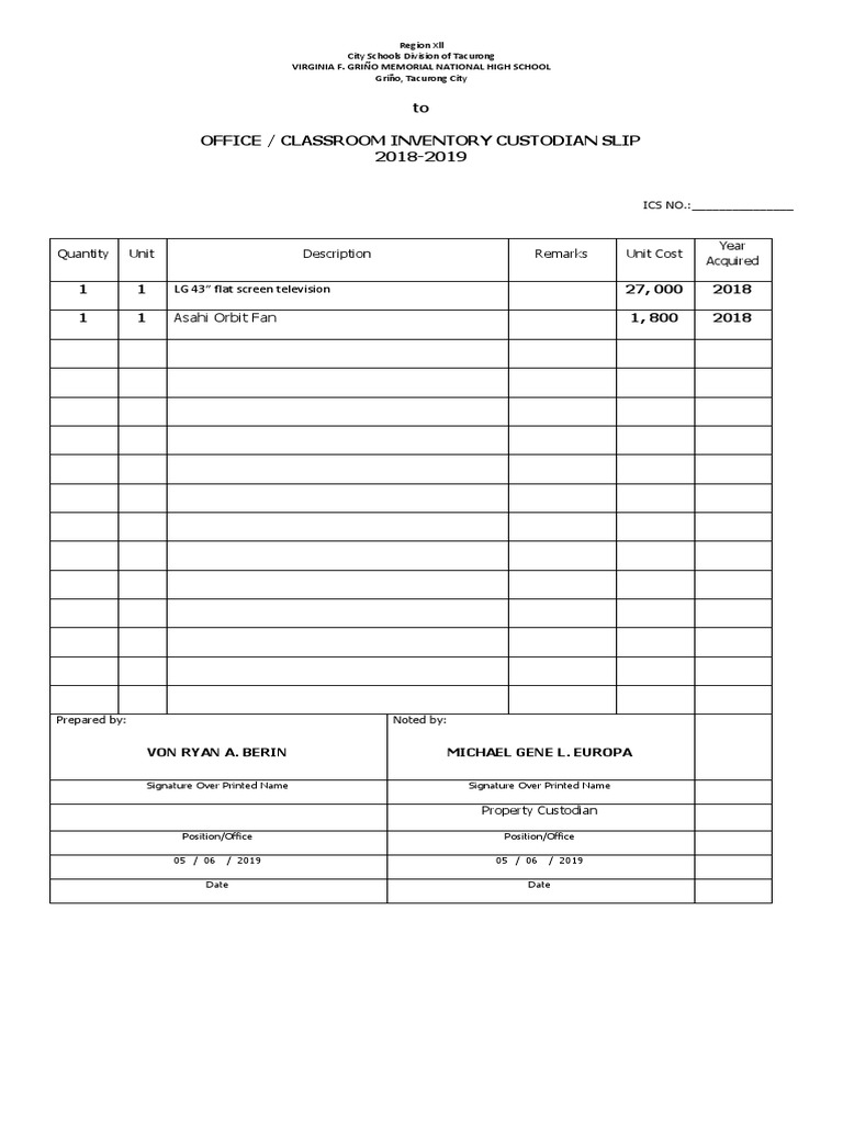 Office and Classroom Inventory Form 2019 | PDF