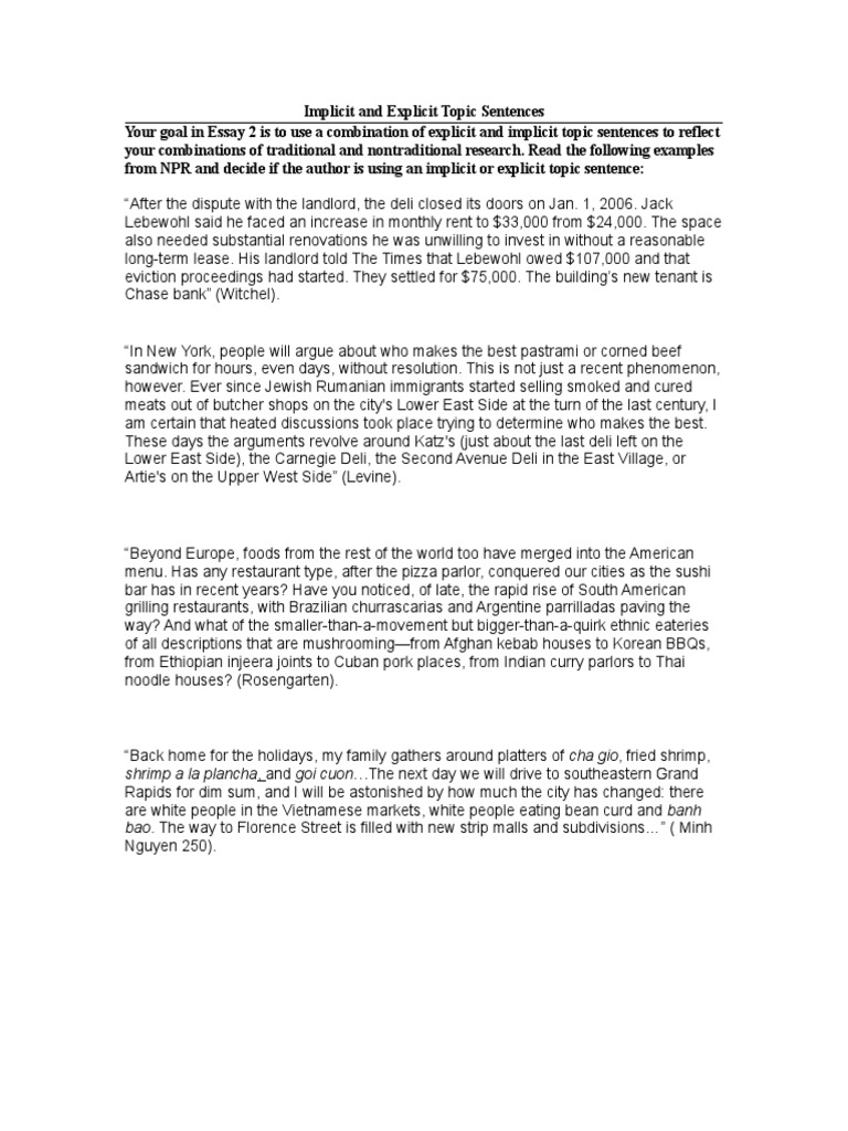 Implicit and Explicit Topic Sentences | PDF | Delicatessen | Restaurants