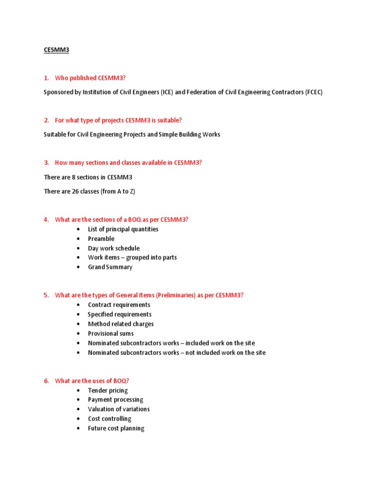 CESMM3 Overview and BOQ Structure | PDF