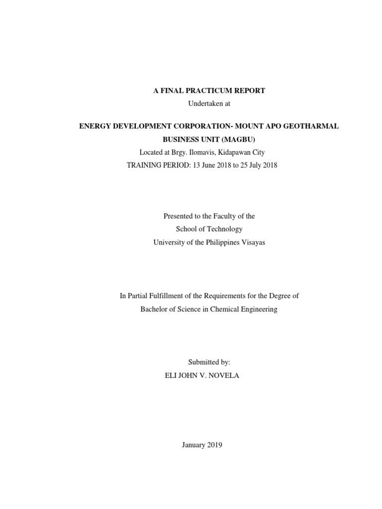 A Final Practicum Report on an Internship with Energy Development Corporation's Mount Apo ...
