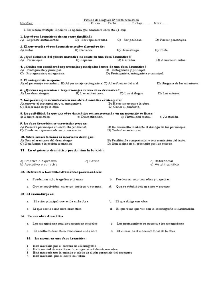 Prueba Genero Dramatico | PDF | Comedia | Teatro