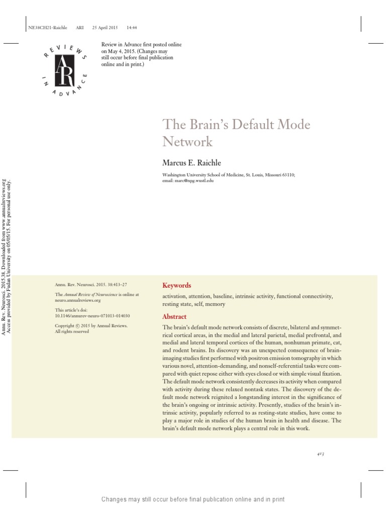 The Brain's Default Mode | PDF | Neuroscience | Cognition