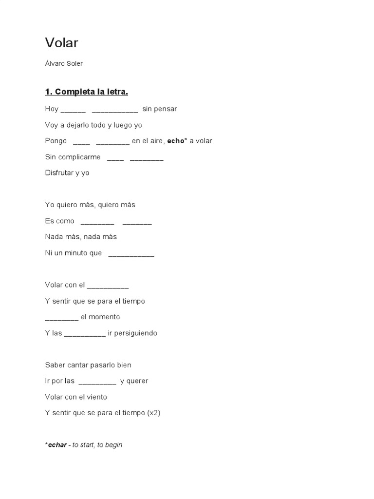 Alvaro Soler - Volar. Song Worksheet. A1 - A2 | PDF