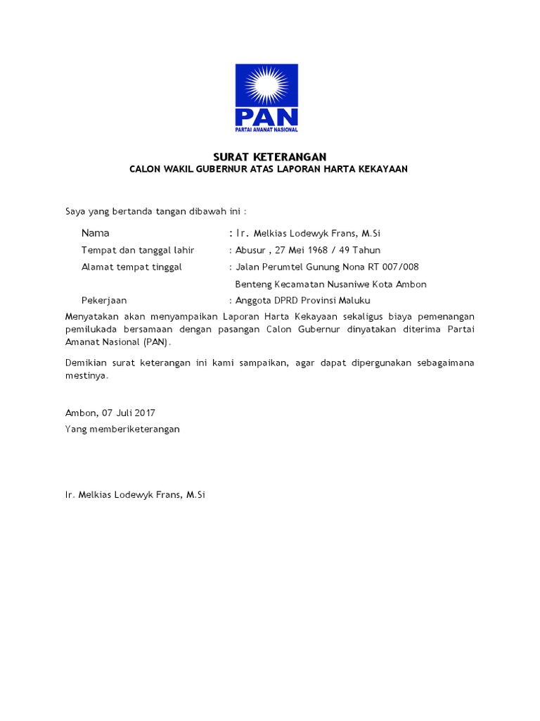 Surat Keterangan LHKPN Pan | PDF