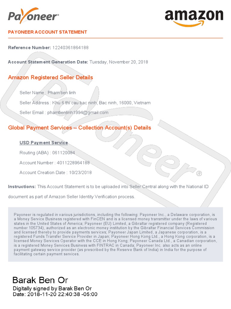 Payoneer Statement for Amazon Seller | PDF | Finance & Money Management