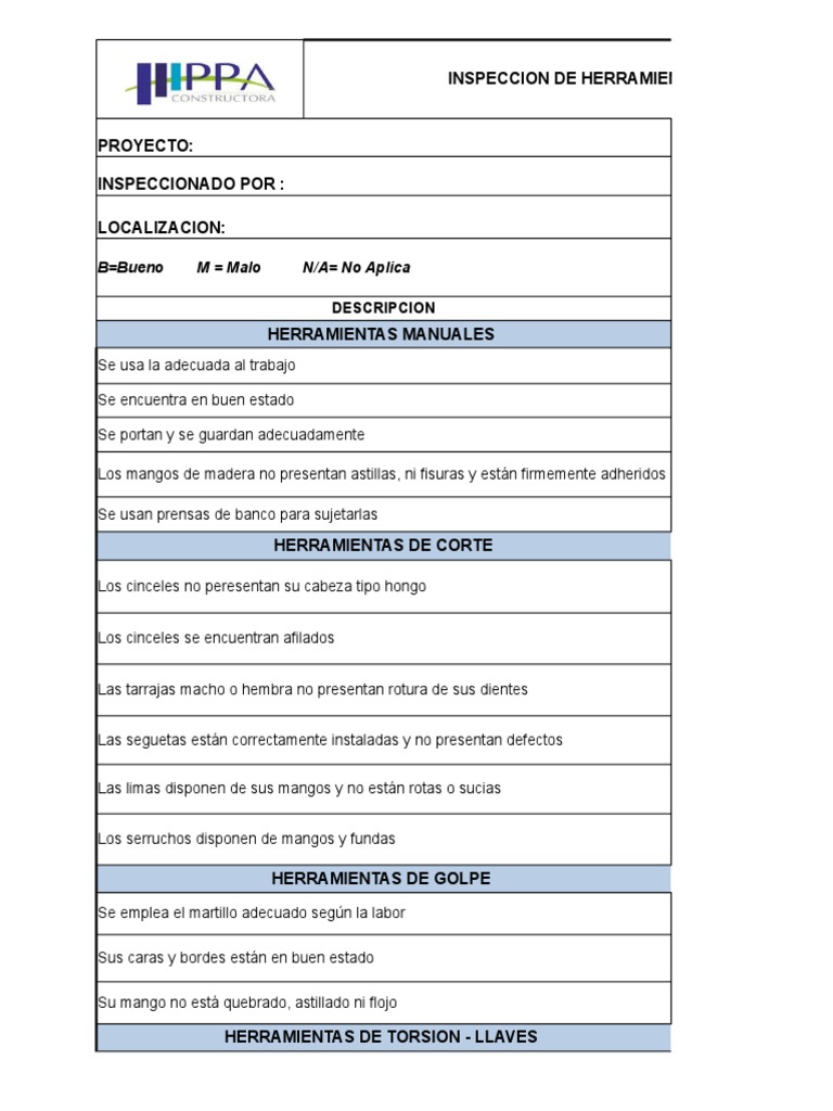 Insp-03-Ppc-Formato Inspeccion Herramientas Menores | PDF | Herramientas | Equipo