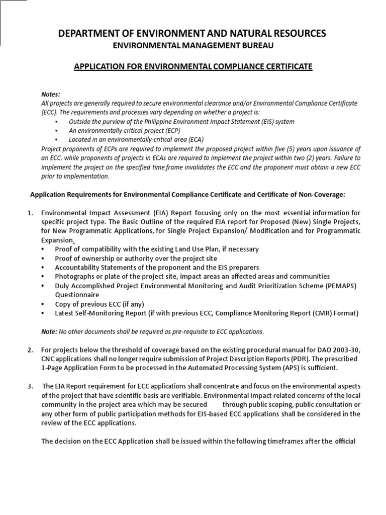 ECC Application Requirements for Projects | PDF | Environmental Impact ...