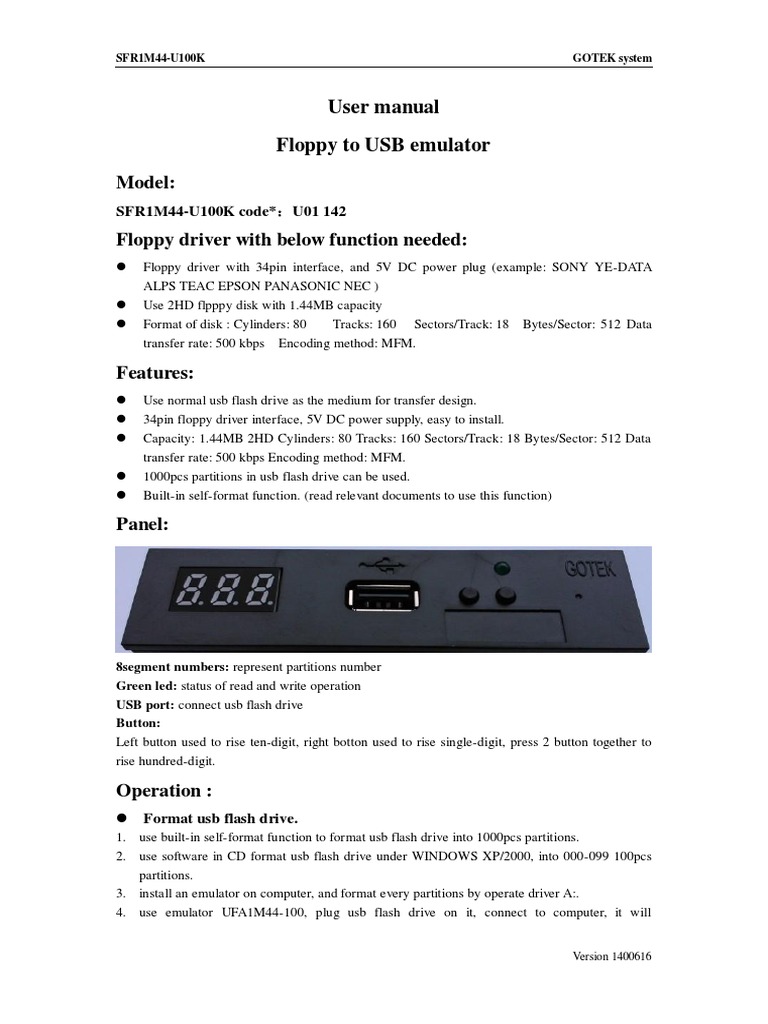 User Manual Floppy To USB Emulator: Model | Download Free PDF | Floppy Disk | Usb Flash Drive
