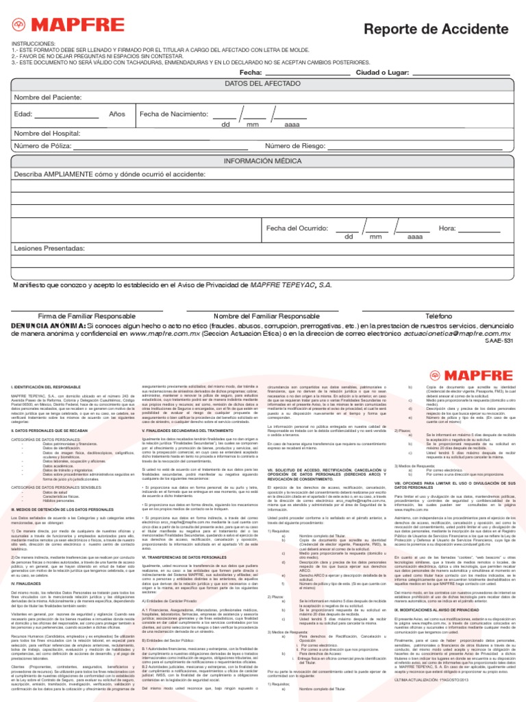 Formato Reporte Accidente | PDF | Póliza de seguros | Seguro