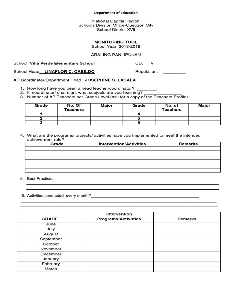 AP Monitoring Tool | PDF | Teachers | Education Theory