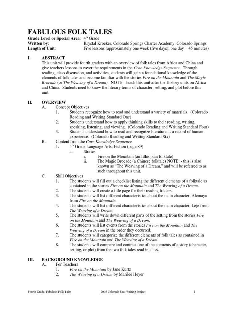 Fabulous Folk Tales: Grade Level or Special Area: 4 Written By: Length ...