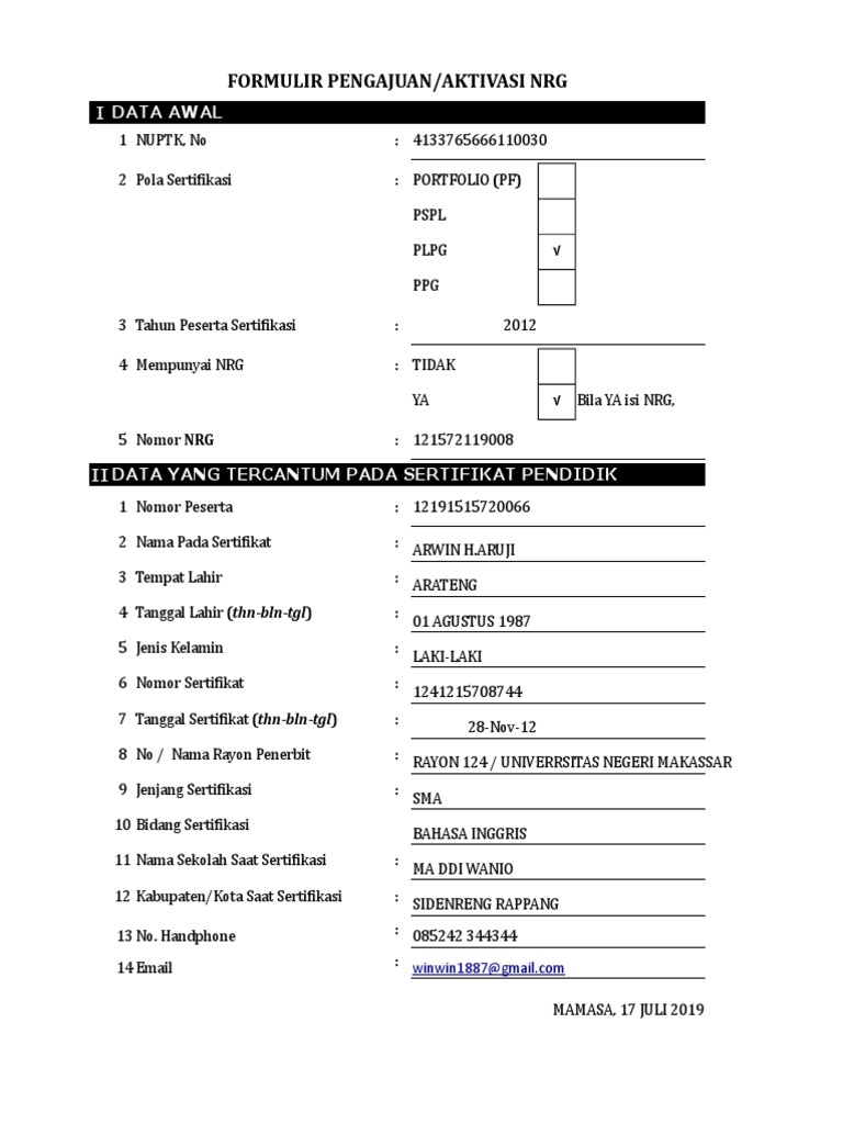 Form Pengusulan NRG | PDF