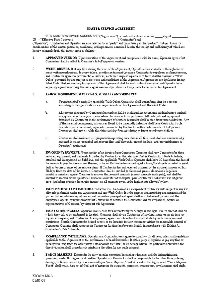 Sample MSA Between Operator Contractor | PDF | Indemnity | Liability ...