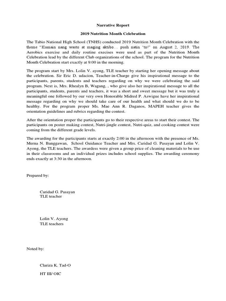 Narrative Report 2019 Nutrition Month Celebration | PDF | Physical ...