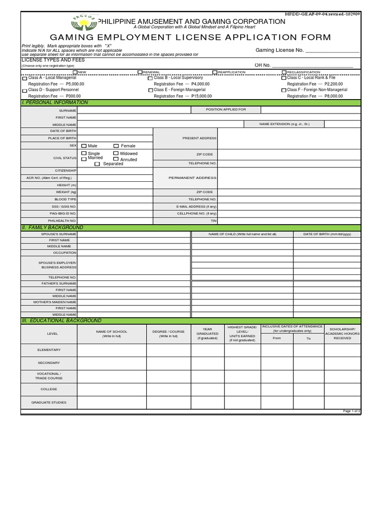 Gaming License Application Form | PDF | License | Government Information