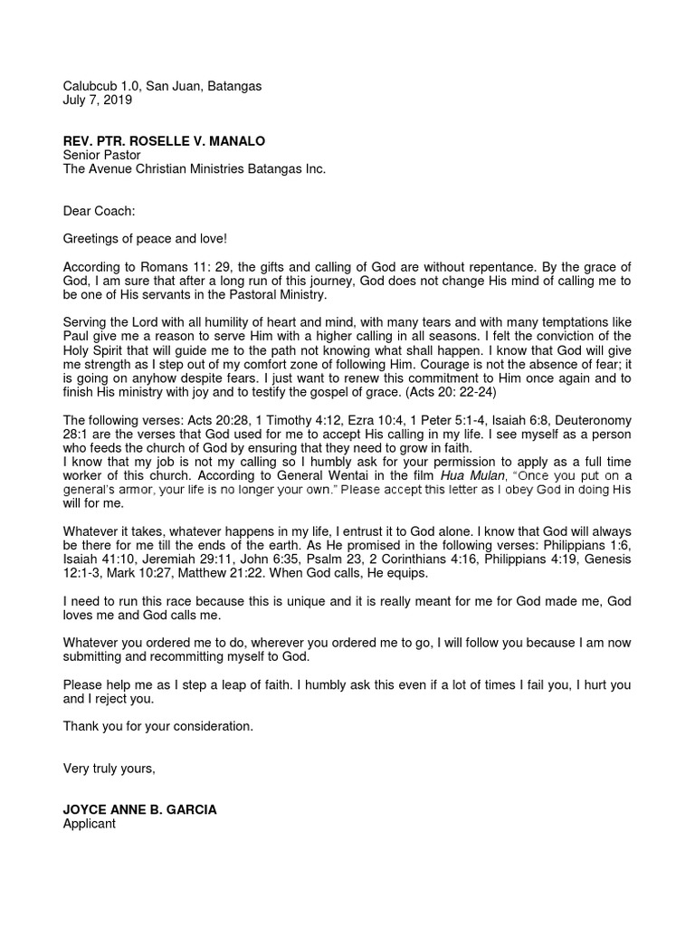 Pastor's Letter Application For Full Time Ministry | PDF