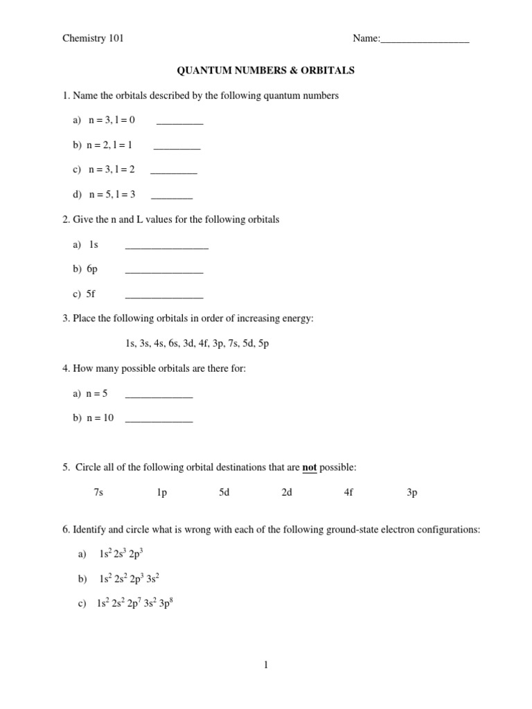 Quantum Numbers & Orbitals | PDF | Electron Configuration | Particle ...
