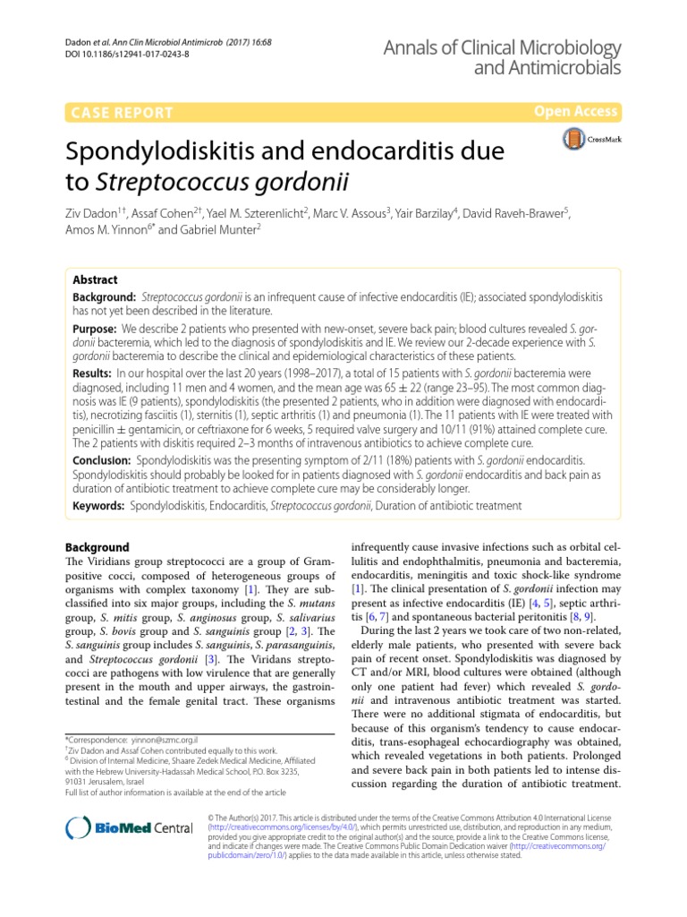 Spondylodiskitis and Endocarditis Due To Streptococcus Gordonii | PDF ...