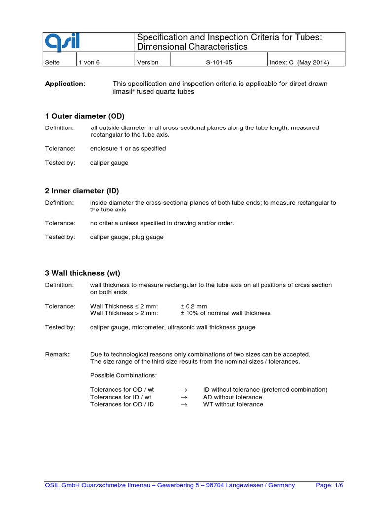 Specification and Inspection Criteria for Tubes: Dimensional ...
