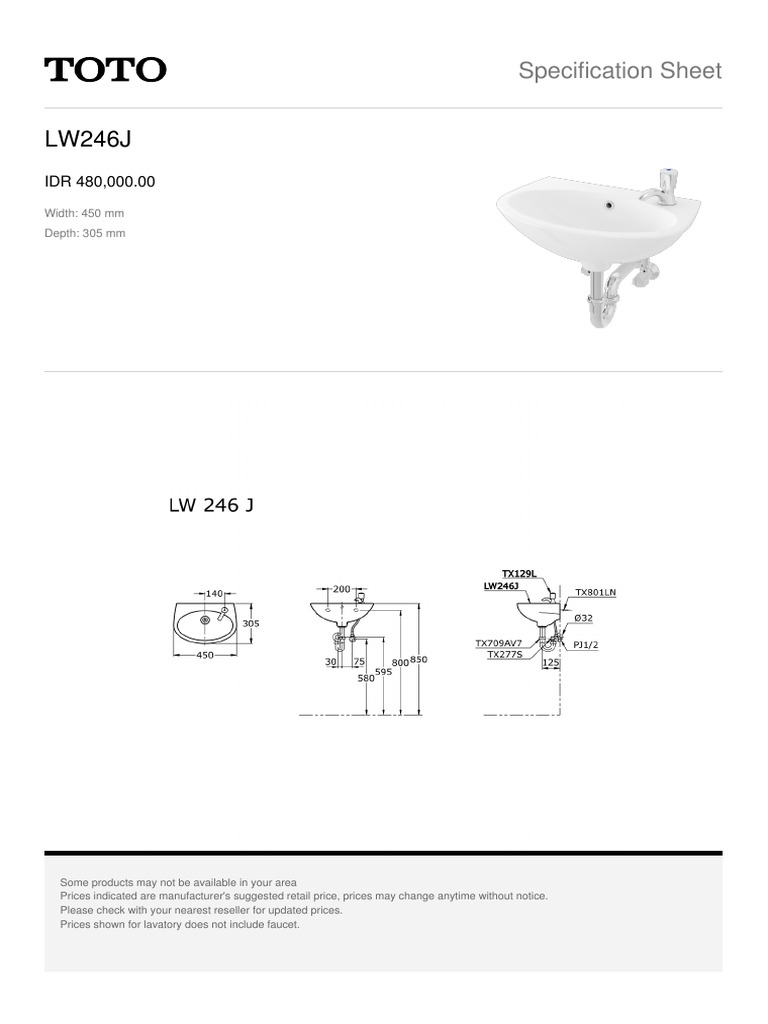Lavatory Specification Sheet LW246J | PDF