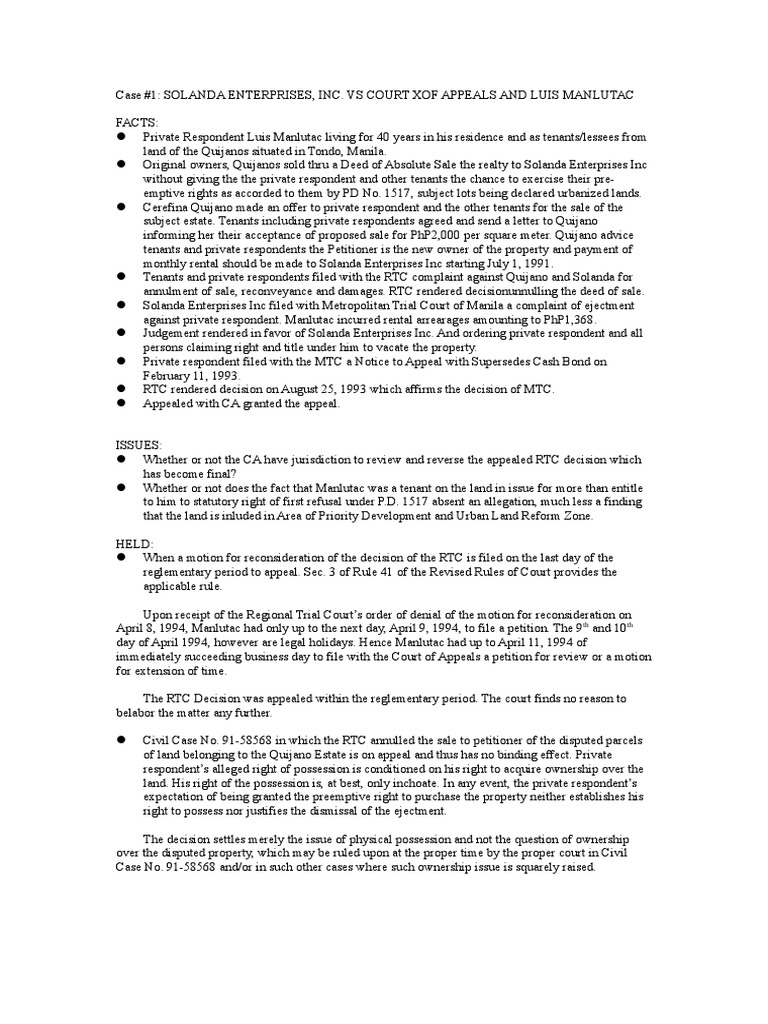 Solanda Enterprises Inc. Ejectment Case | PDF | Real Property | Ownership