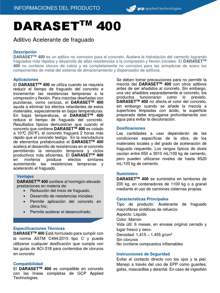 Daraset 400: Aditivo Acelerante de Fraguado | PDF | Hormigón | Química