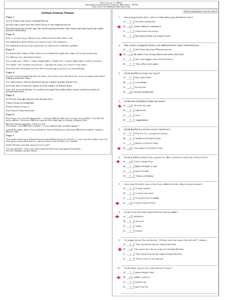 Grilled Cheese Reading Comprehension Exercise For Pages 1-7 | PDF