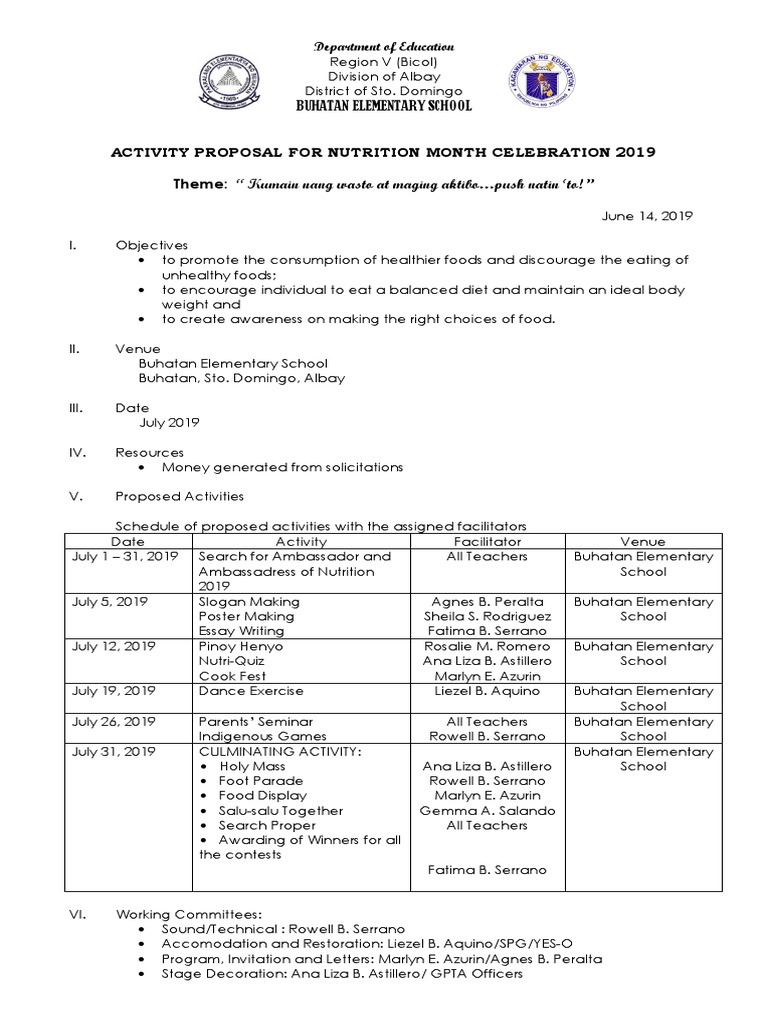 Activity Proposal For Nutrition Month Celebration 2019 Theme: " Kumain ...